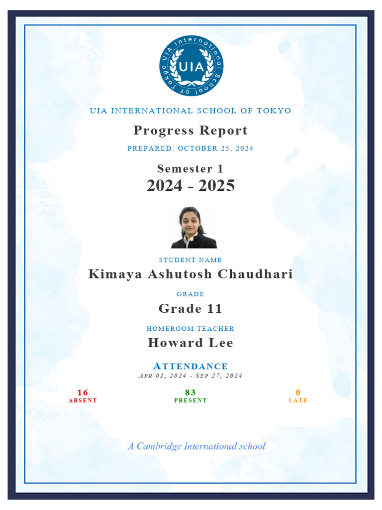 Progress Report Grade 11 Ashutosh Chaudhari Kimaya 2024-10-25 | PDF ...