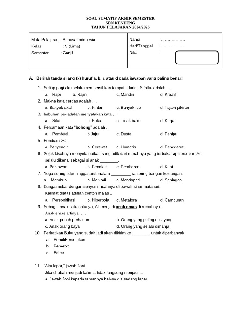 Soal SAS B.Indo Kelas 5 | PDF