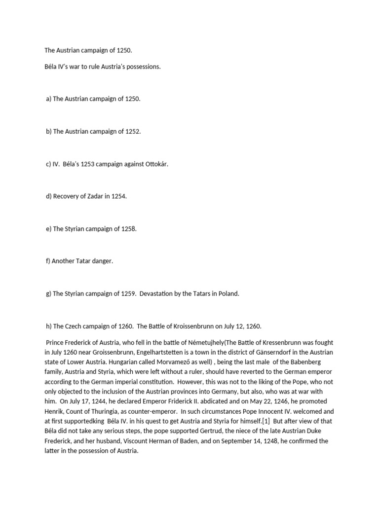 The Austrian Champaign 1250 by Hungarian Kingdom | PDF | Former ...