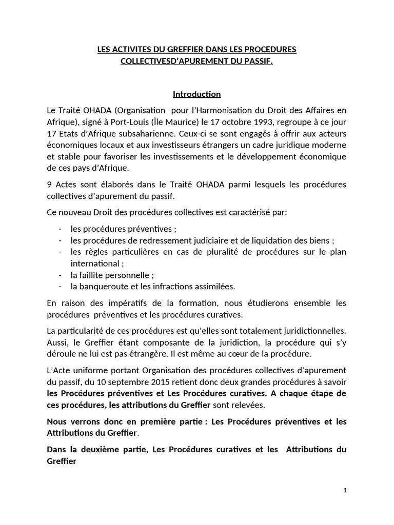 Attributions du Greffier en Procédures Collectives | PDF | Liquidation ...