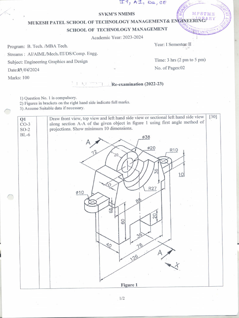 Engineering Graphics and Design Re-Exam 2022-2023 0FA2fuR3uL | PDF