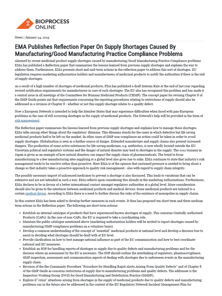 EMA Publishes Reflection Paper On Supply Shortages Caused by ...