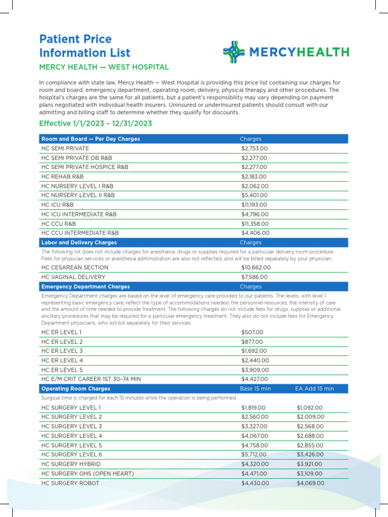 West Hospital Pricing | PDF | Surgery | Intensive Care Unit