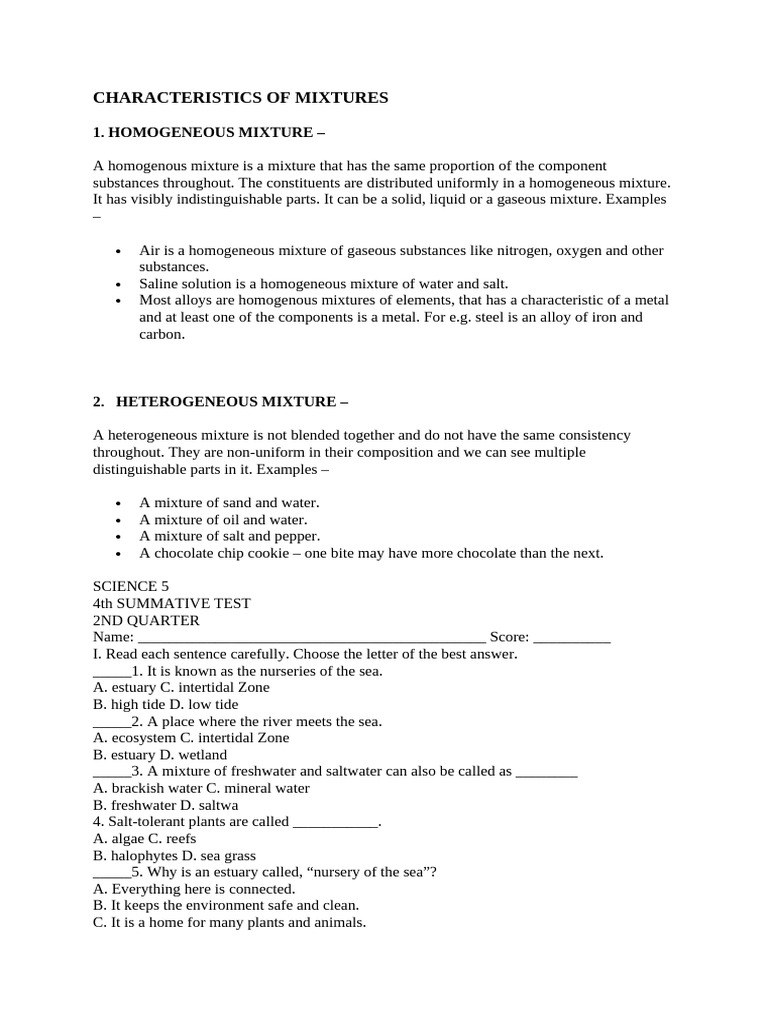 CHARACTERISTICS OF MIXTURES | PDF | Mixture | Estuary