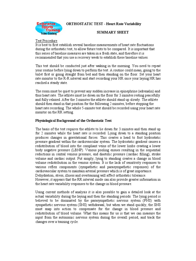 ORTHOSTATIC TEST - Heart Rate Variability Summary Sheet | PDF | Heart ...