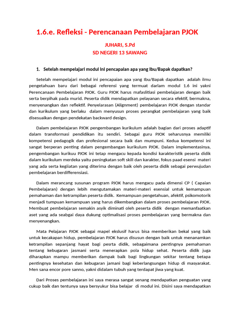 Refleksi Guru PJOK: Pembelajaran Efektif | PDF