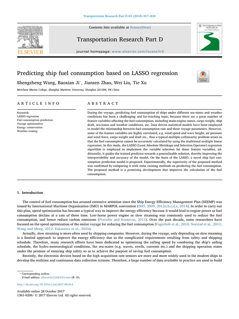Predicting ship fuel consumption based on LASSO regression | PDF | Regression Analysis | Cross ...