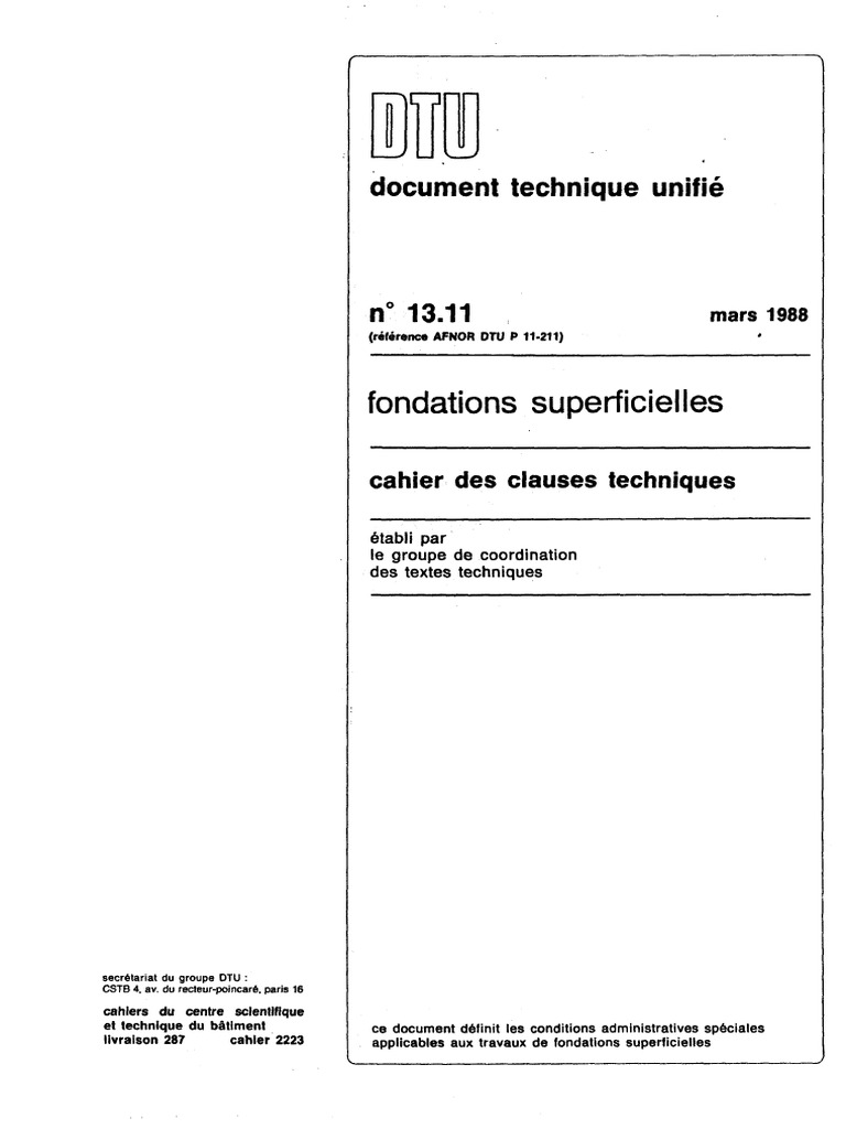 020E3495 DTU 13 11 Fondations Superficielles CCT | PDF