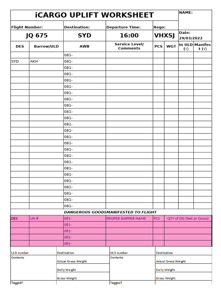 Icargo Uplift Worksheet | PDF
