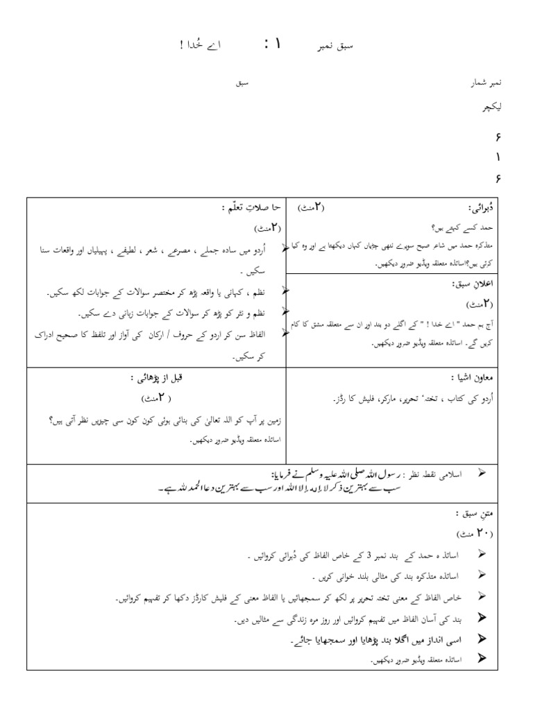 Urdu Grade 2 Unit 1 Lecture 6 Lesson Plan | PDF