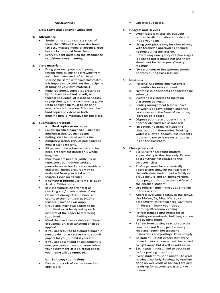 ANCILLARIES Class SOPs v2.0 | PDF