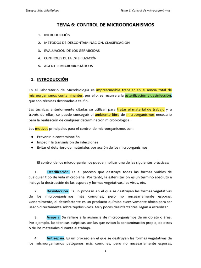 Tema 6 control_de_microorganismos.docx | PDF | Esterilización (Microbiología) | Microorganismo