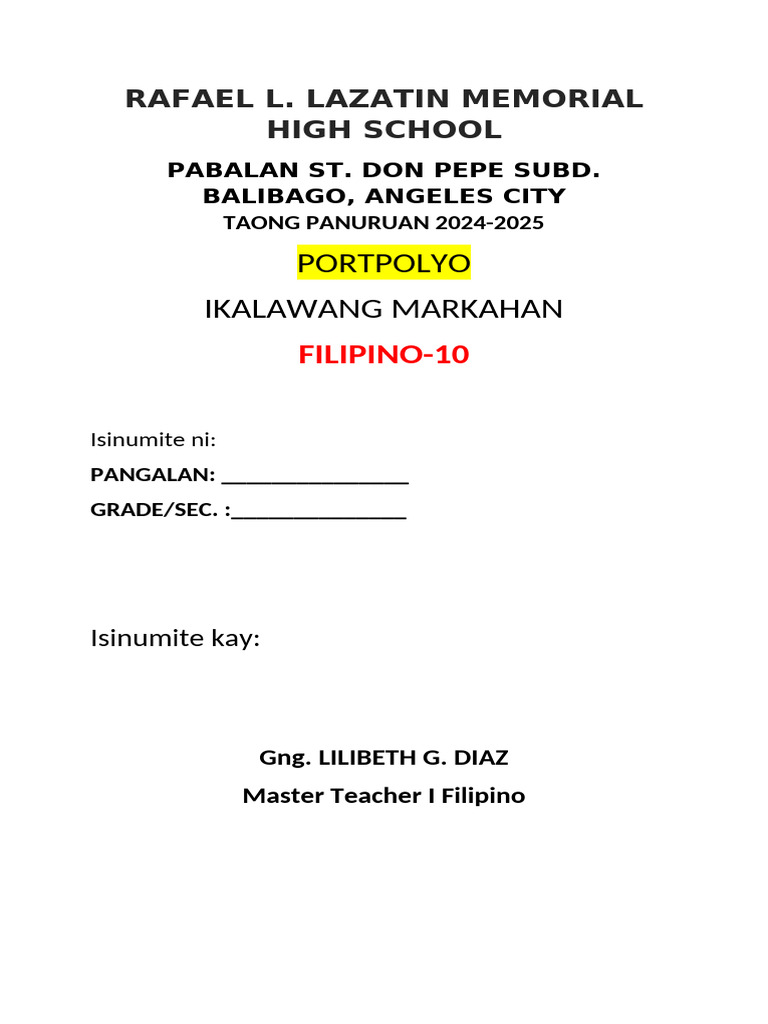 G 10 Portpolyo Front Page Checklist Filipino 10 Q2 Mam Beth (2) | PDF
