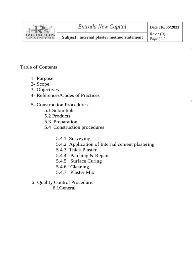 Method of Statment For Internal Plaster Works | PDF | Plaster | Concrete