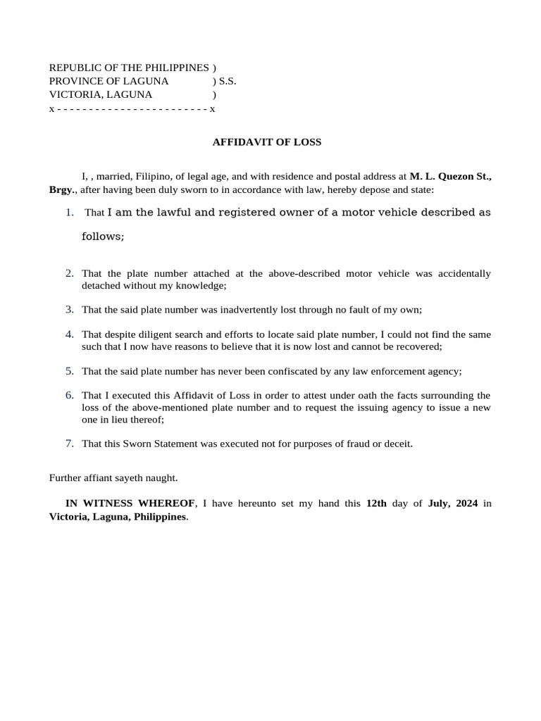 Affidavit of Lost Plate Number | PDF