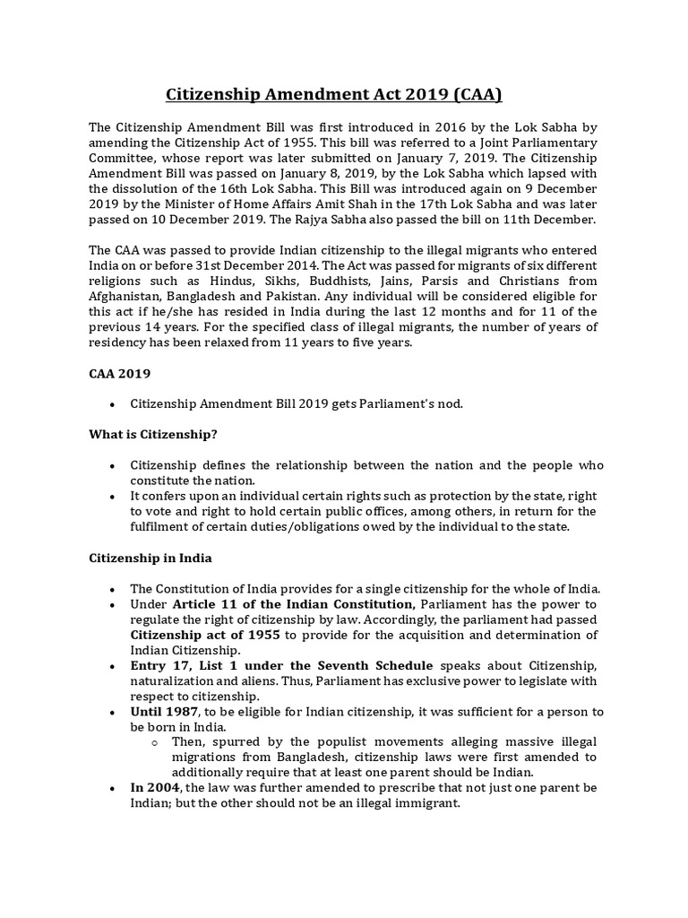 Overview of Citizenship Amendment Act 2019 | PDF | Naturalization ...