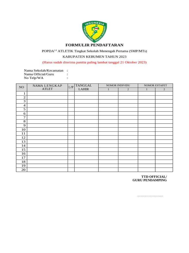 FORMULIR PENDAFTARAN Popda SMP | PDF