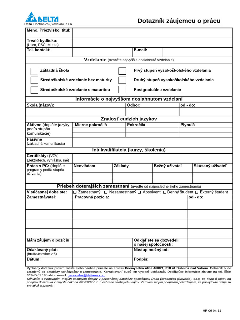 Dotaznik Zaujemcu o Pracu | PDF