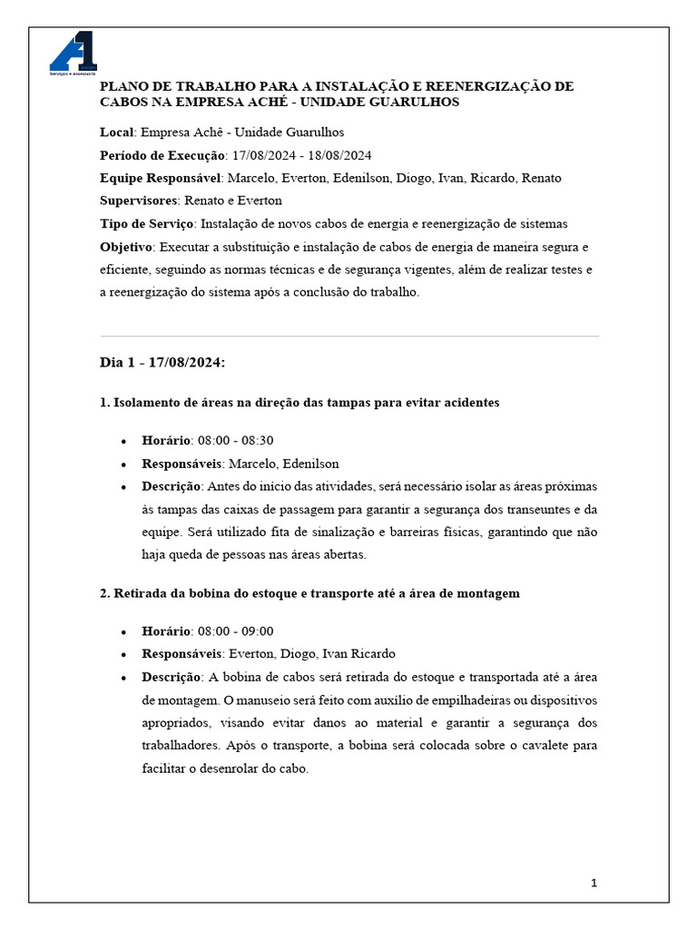 Plano de Trabalho para A Instalação e Reenergização de Cabos Na Empresa ...