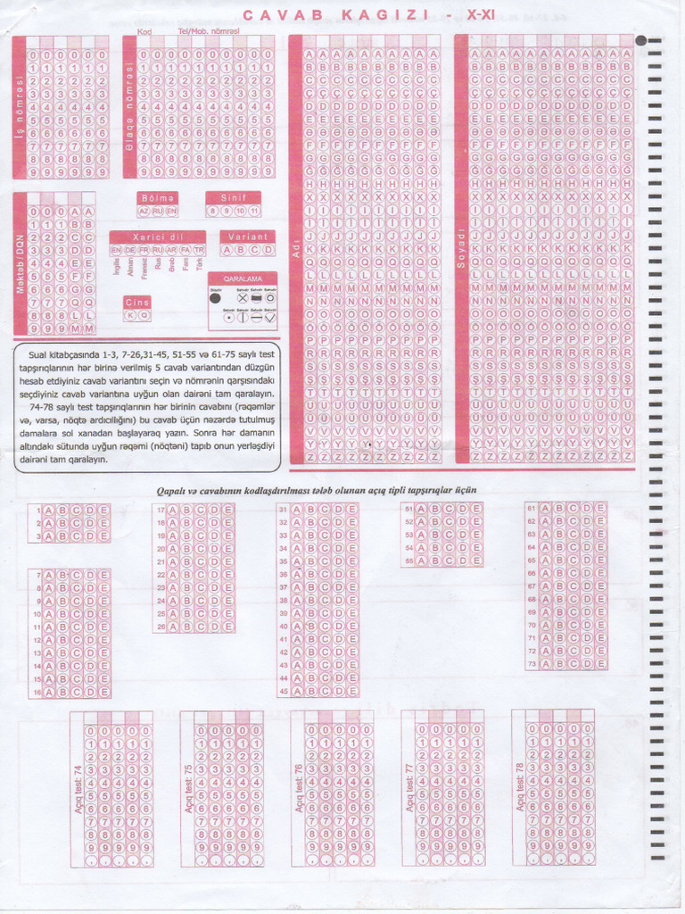 Cavab Kartı (9-Cu Sinif) | PDF