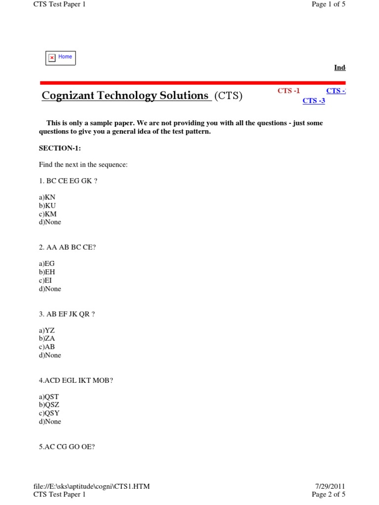Cognizant Technology Solutions (CTS) : Index of Question | PDF ...