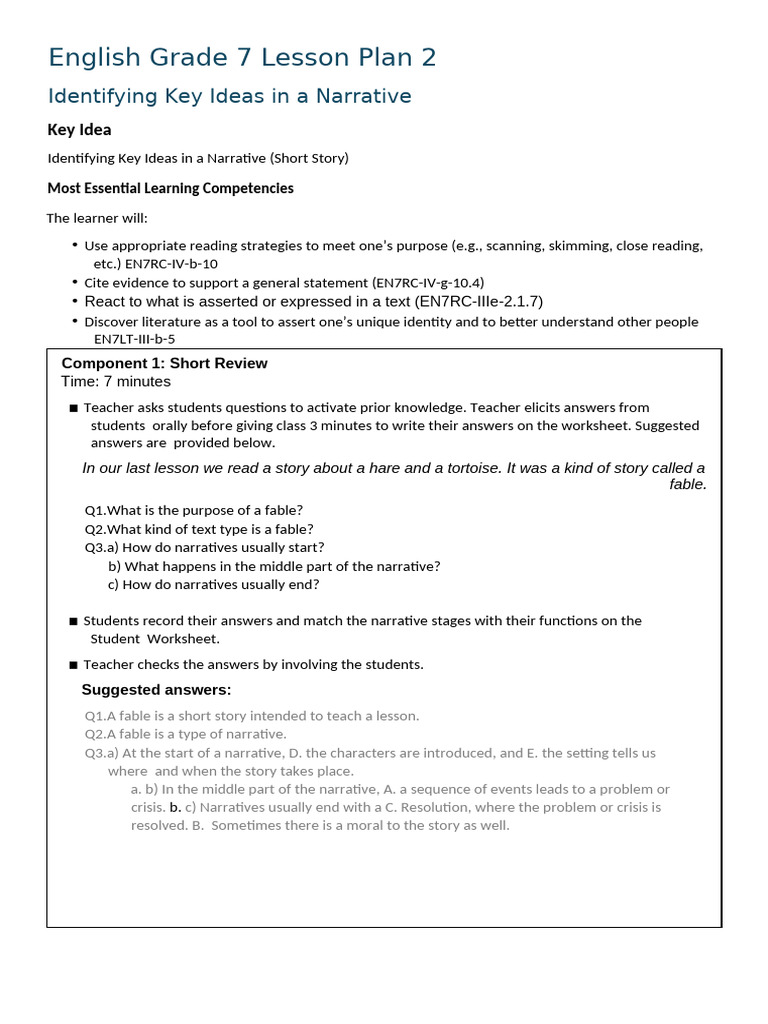 English Grade 7 Lesson Plan 2 (Consolidation) | PDF | Narrative ...