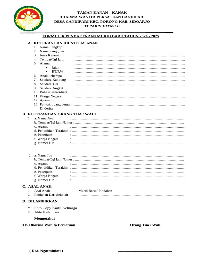 Formulir TK. Dharma W. | PDF