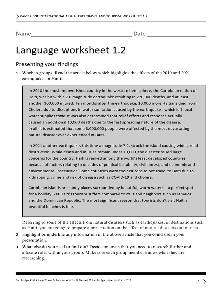Asal T&T Language Worksheet 1.2 | PDF | Haiti | Disasters
