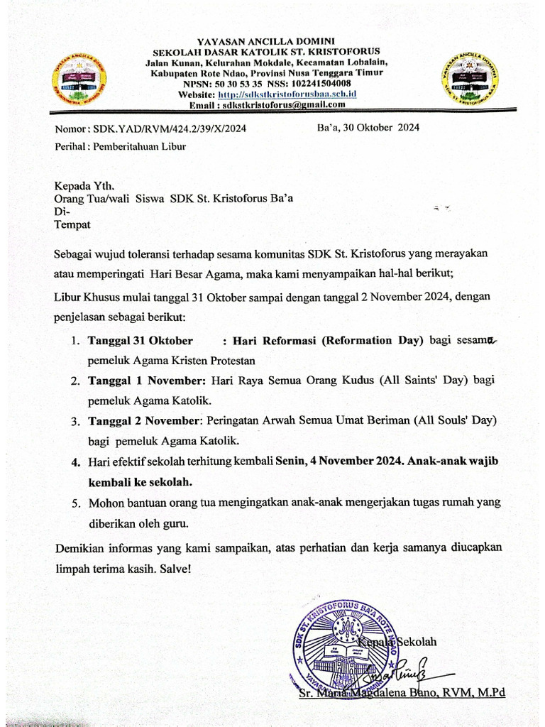 Surat Pemberitahuan Libur | PDF