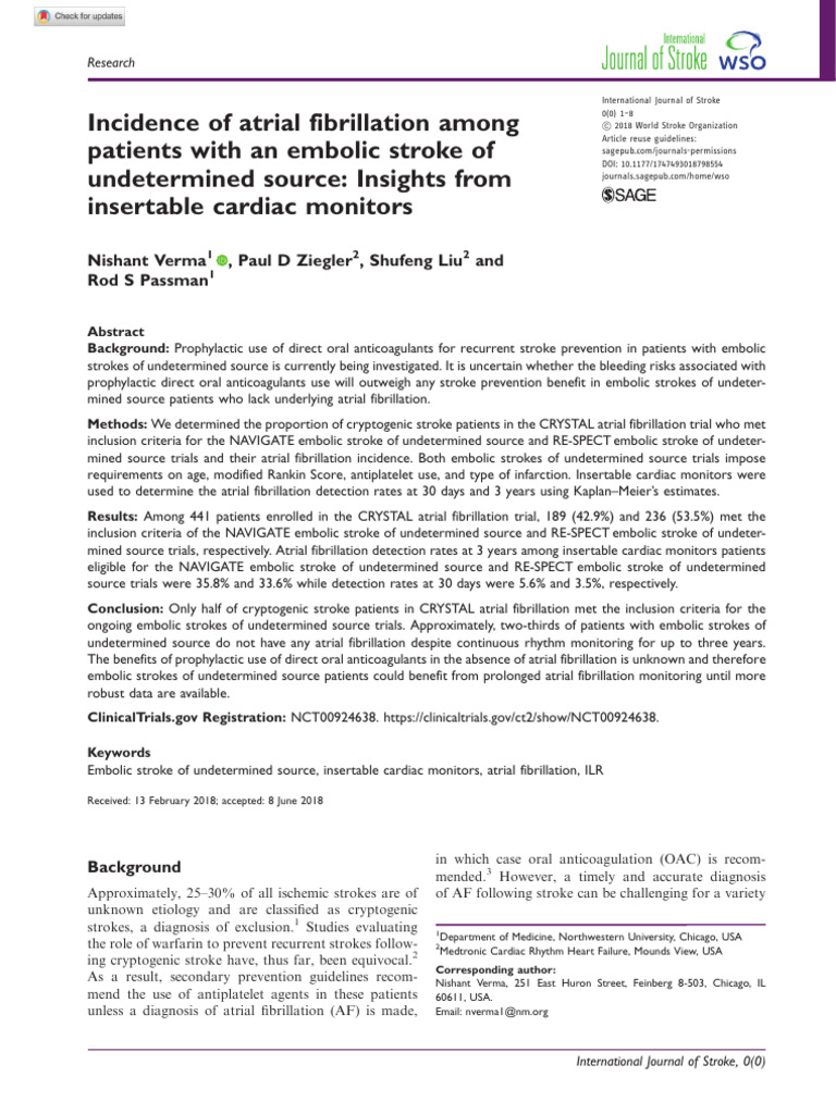 Incidence of Atrial Fibrillation Among Patients With An Embolic Stroke ...