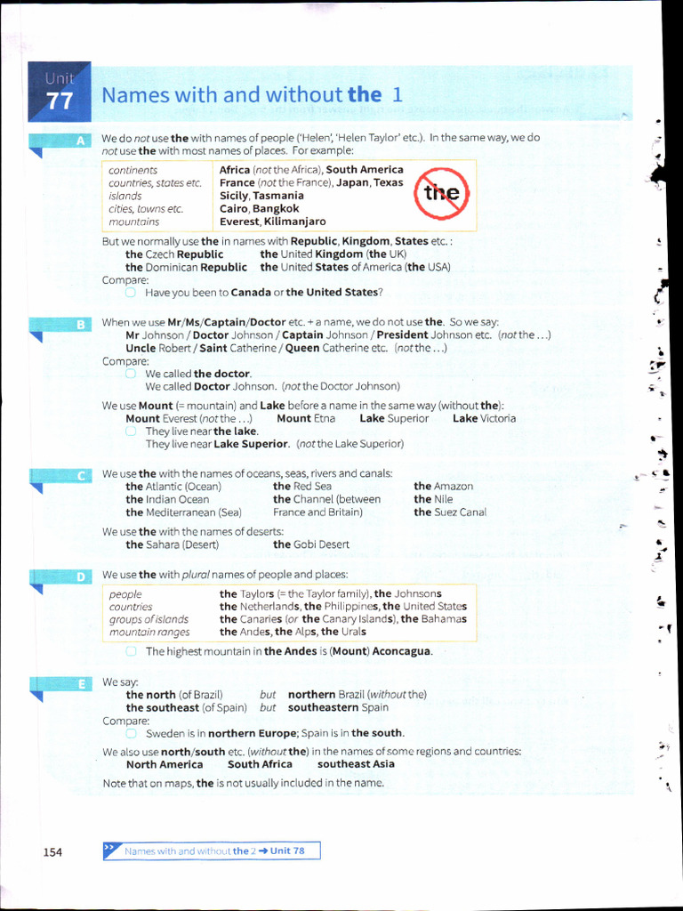 Unit 77 - Names With and Without The 1 | PDF