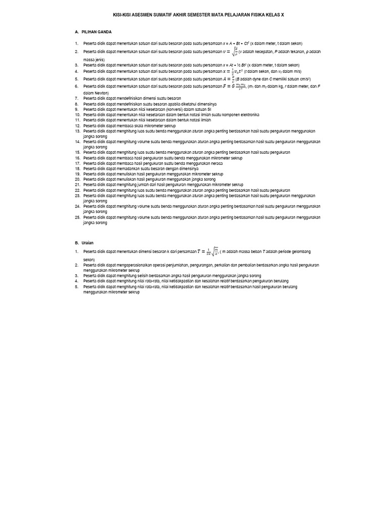 Kisi-Kisi ASAS Gasal Fisika Kelas X | PDF