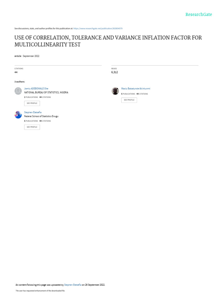 Use of Correlation Tolerance and Variance Inflation Factor For Multicollinearity | PDF ...