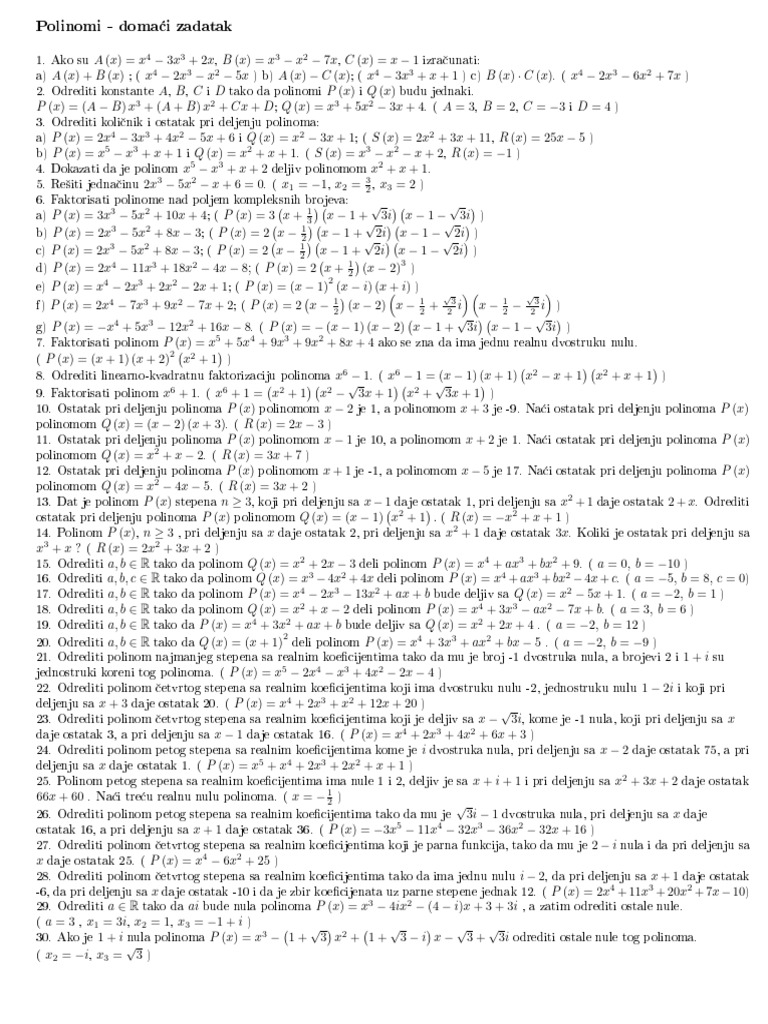 Polinomi-zadaci-za-domaci-1 | PDF