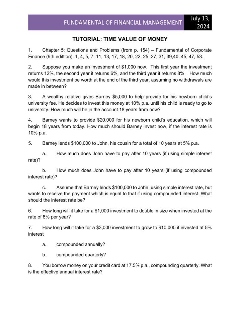 Tutorial 1 - TIME VALUE OF MONEY | PDF | Loans | Refinancing