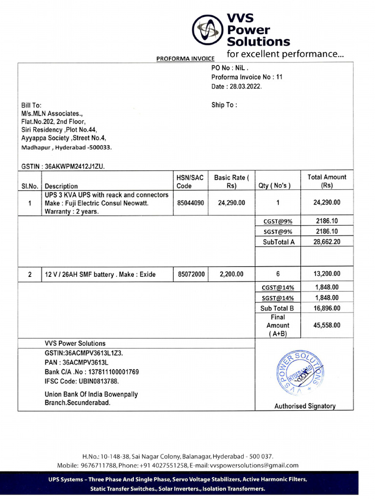MLN Associates 3 KVA UPS Proforma Invoice 28.03.2022. | PDF