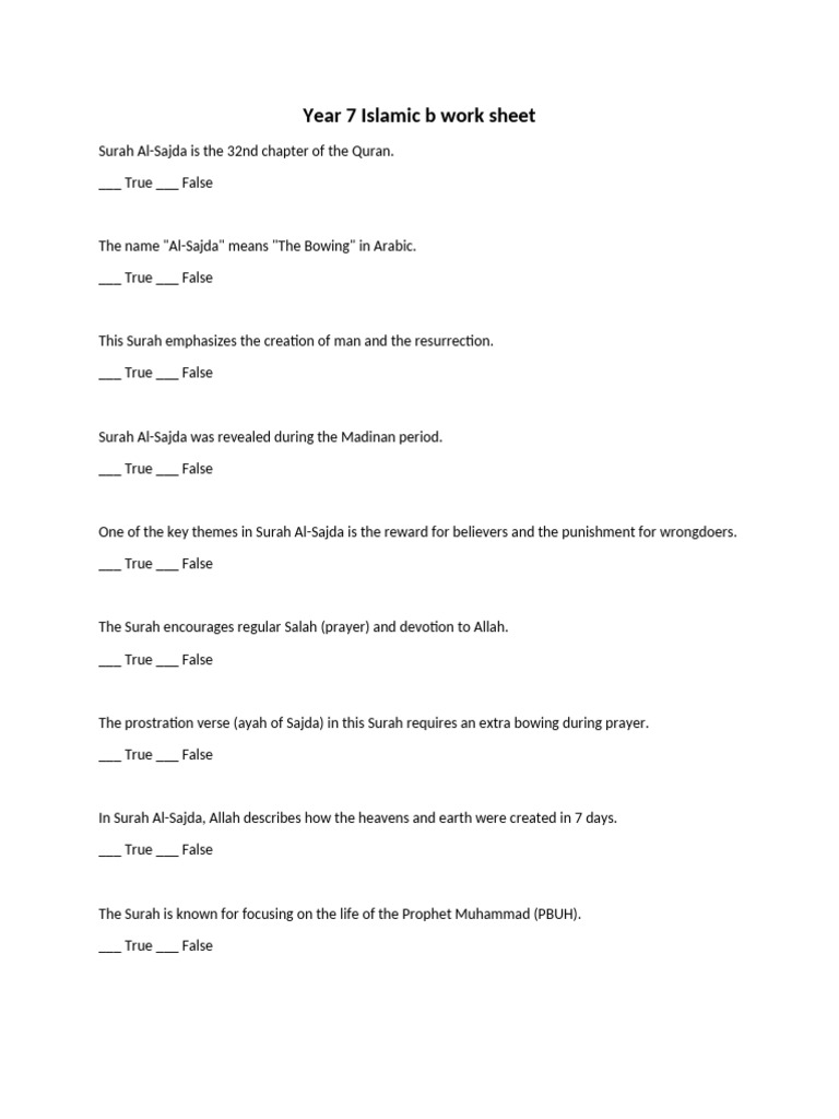 Year 7 Islamic B Work Sheet | PDF