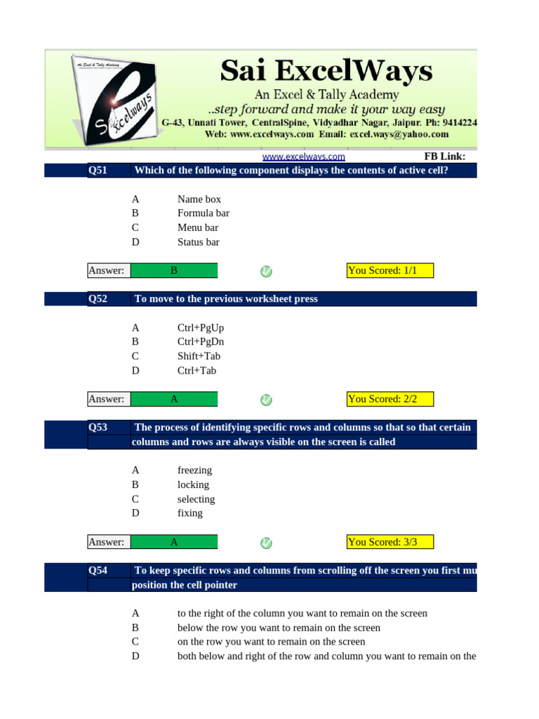 ExcelWays MS-Excel MCQ Set 2 | PDF | Microsoft Excel | Worksheet