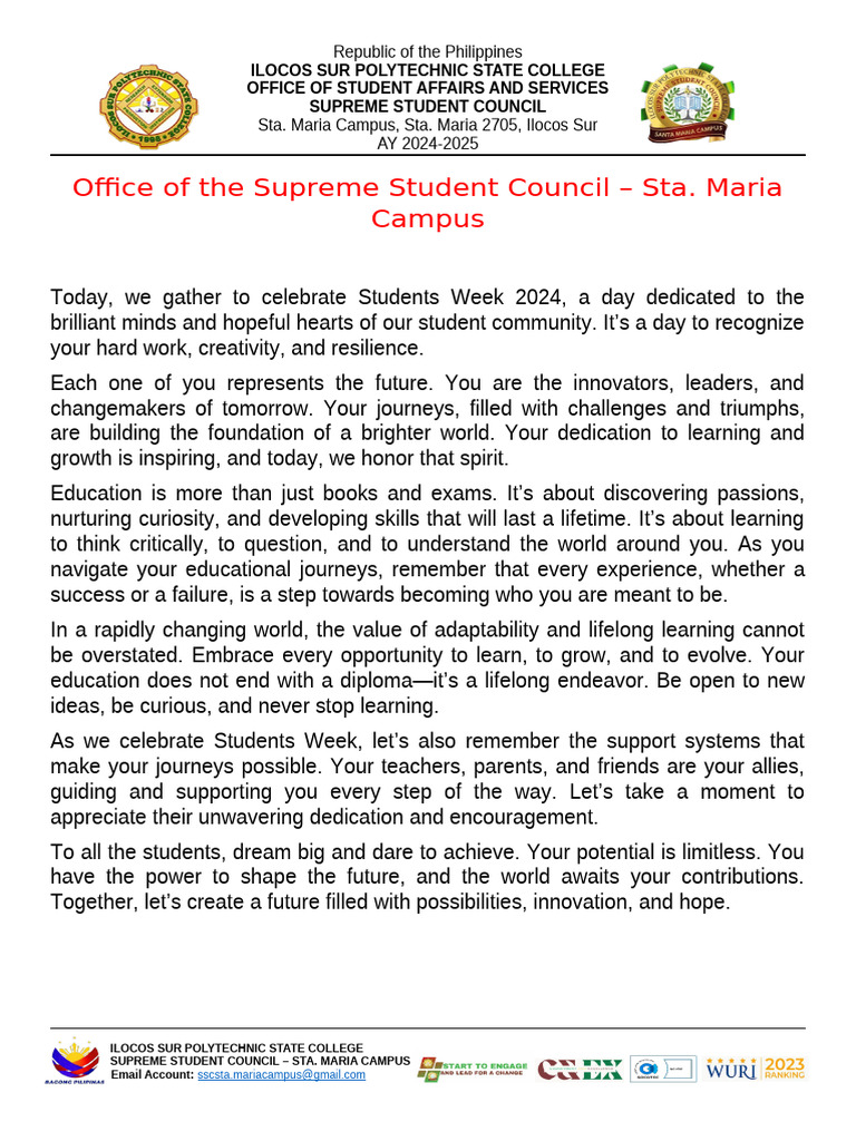 Students Week 2024 Celebration Speech | PDF