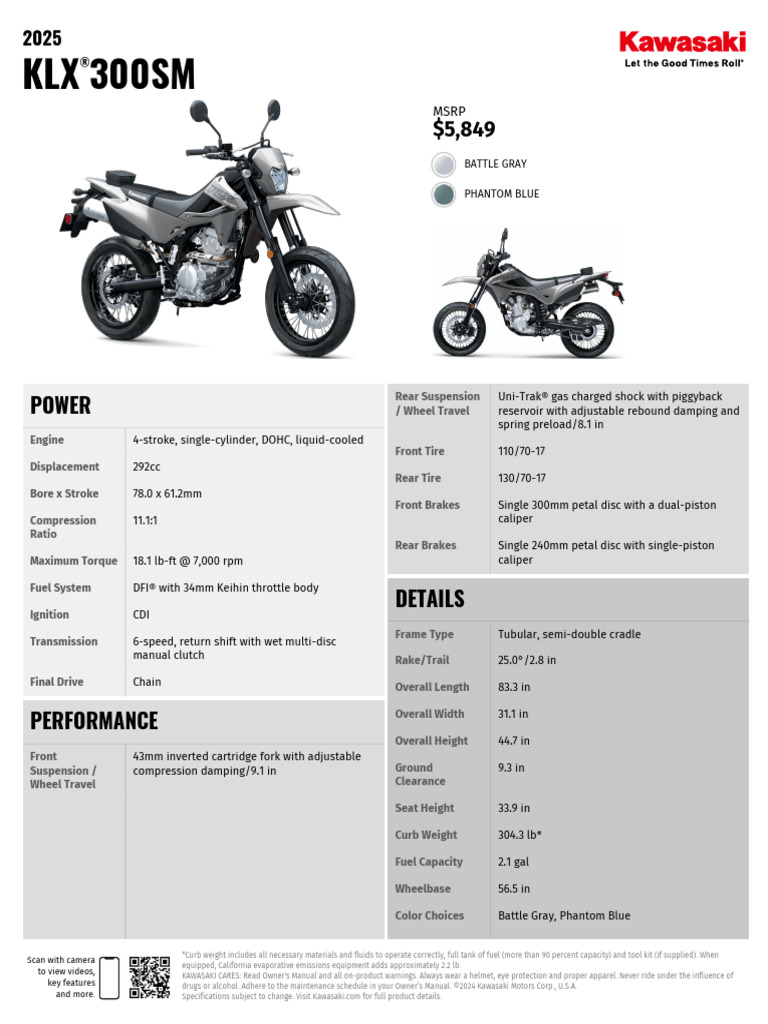 2025-klx300sm-en-us-spec-sheet | PDF | Sports Cars | Vehicles