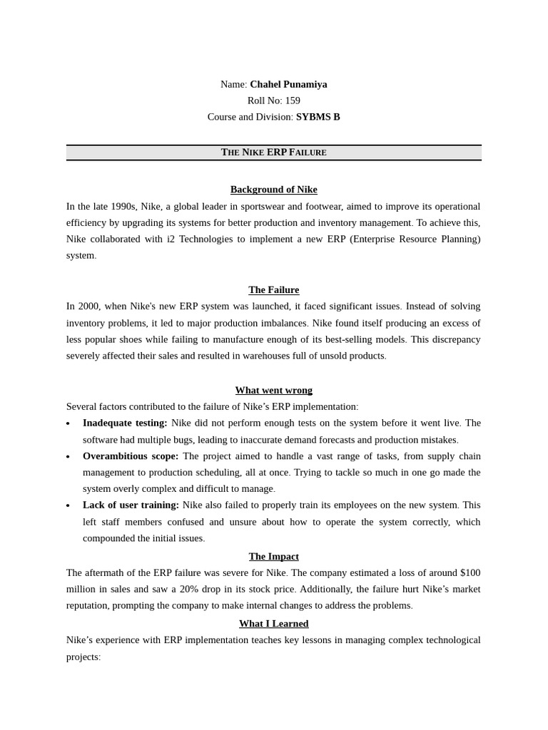 Nike ERP Failure - Chahel Punamiya | PDF | Enterprise Resource Planning ...