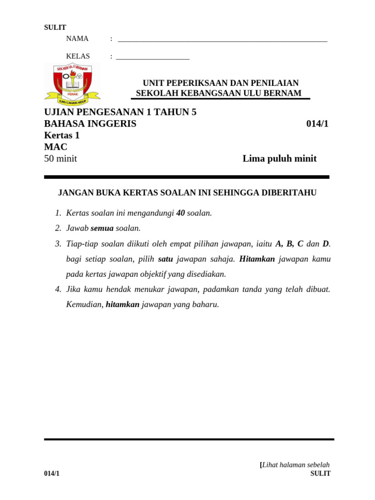 UJIAN PENGESANAN 1 English Y5 Paper 1 2015 COVER | PDF