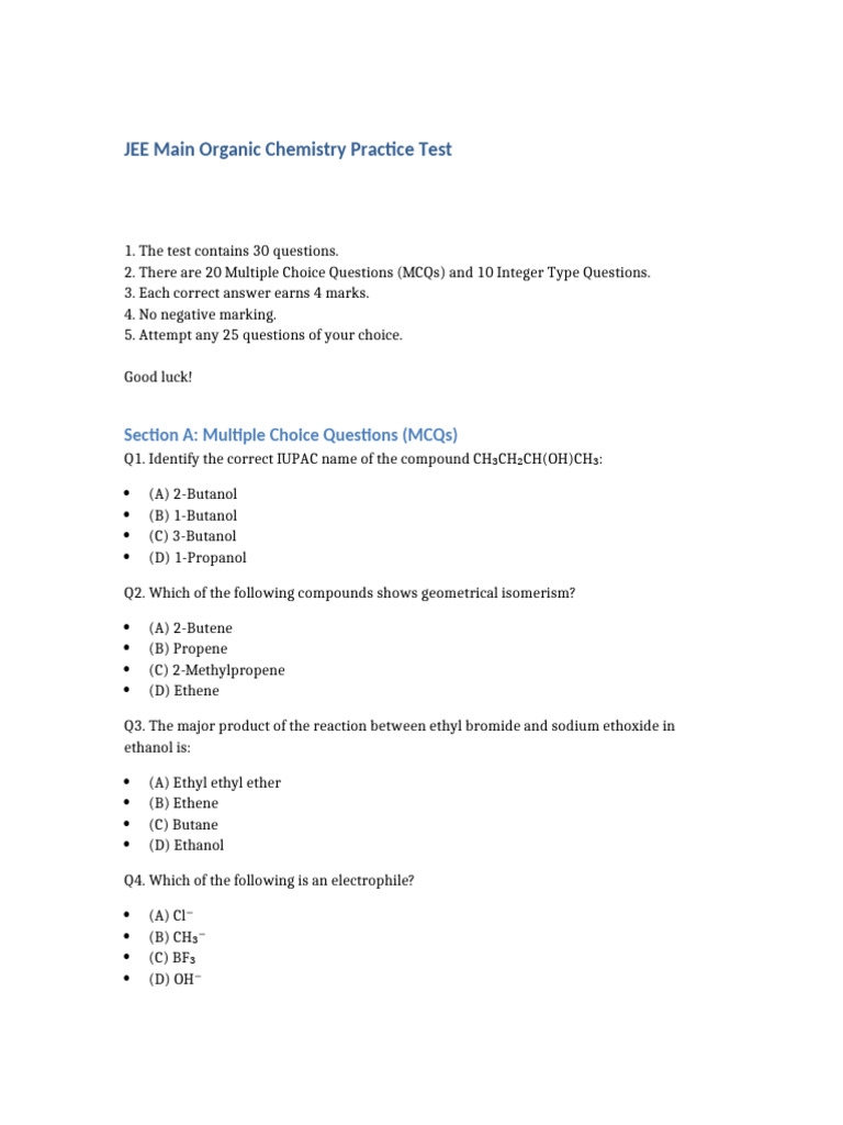JEE Main Organic Chemistry Test | PDF | Chemical Reactions | Isomer