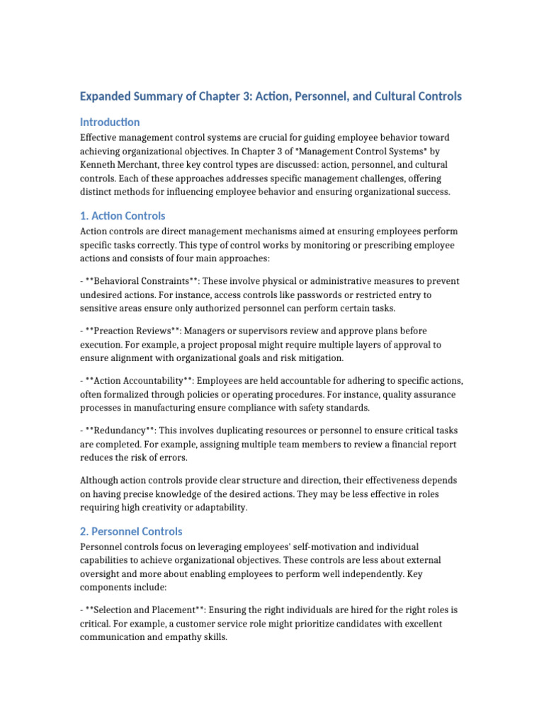 Expanded Chapter 3 Action Personnel Cultural Controls Summary | PDF ...