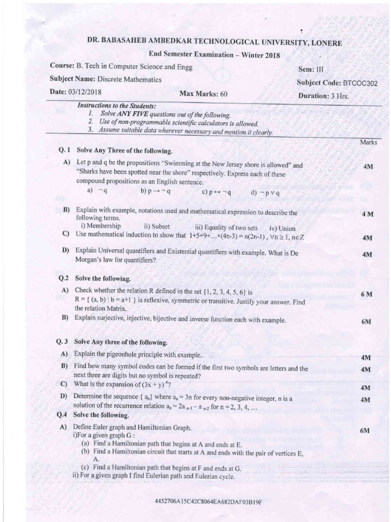 Discrete Mathematics Exam Paper 2018 | PDF | Graph Theory ...