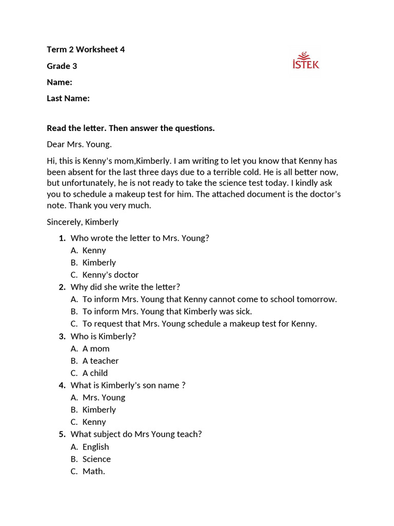 Grade 3 Absence Notification Worksheet Pdf