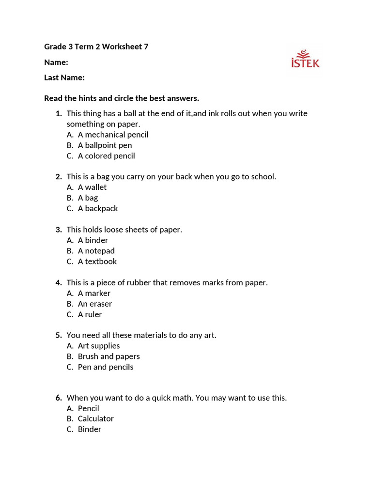 Grade 3 Term 2 Worksheet 7 | PDF