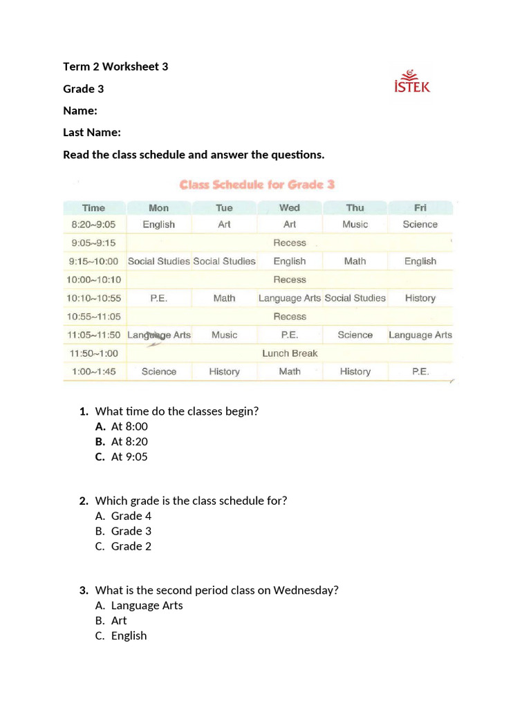 Grade 3 Class Schedule Quiz Worksheet | PDF