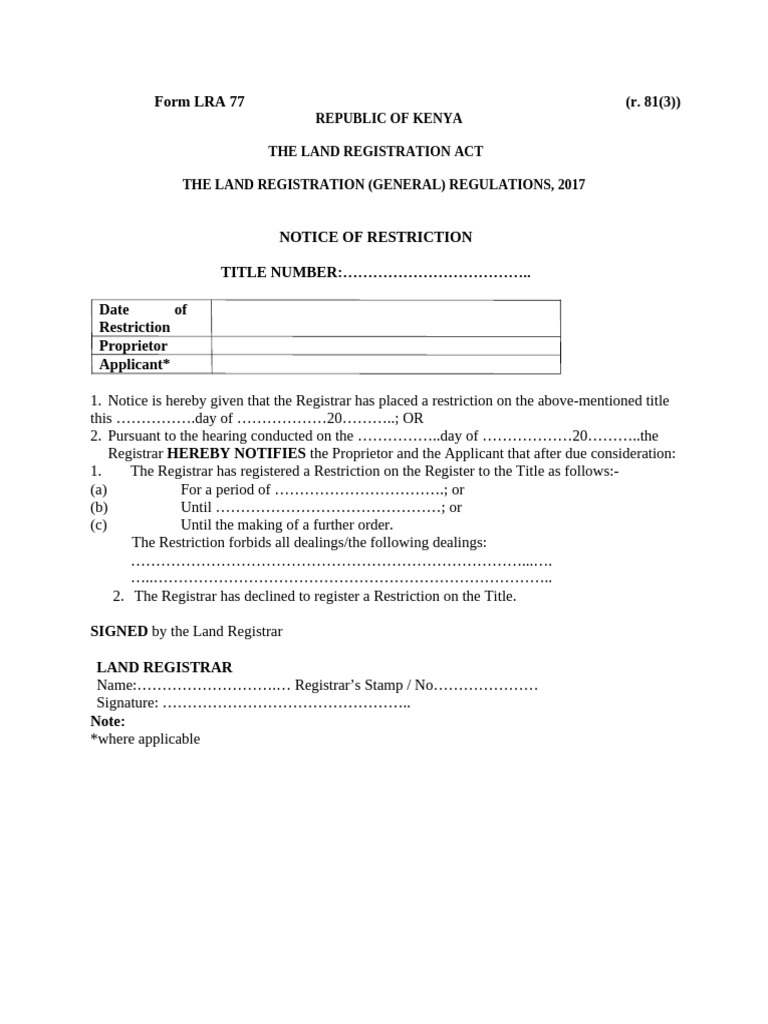 Kenya Land Registration Restriction Notice | PDF