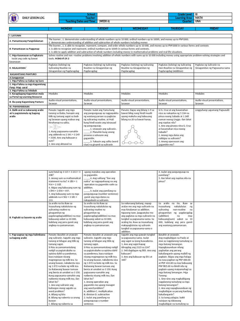 DLL - MATH 3 - Q1 - W6 - Solves Routine and Non-Routine Problems ...